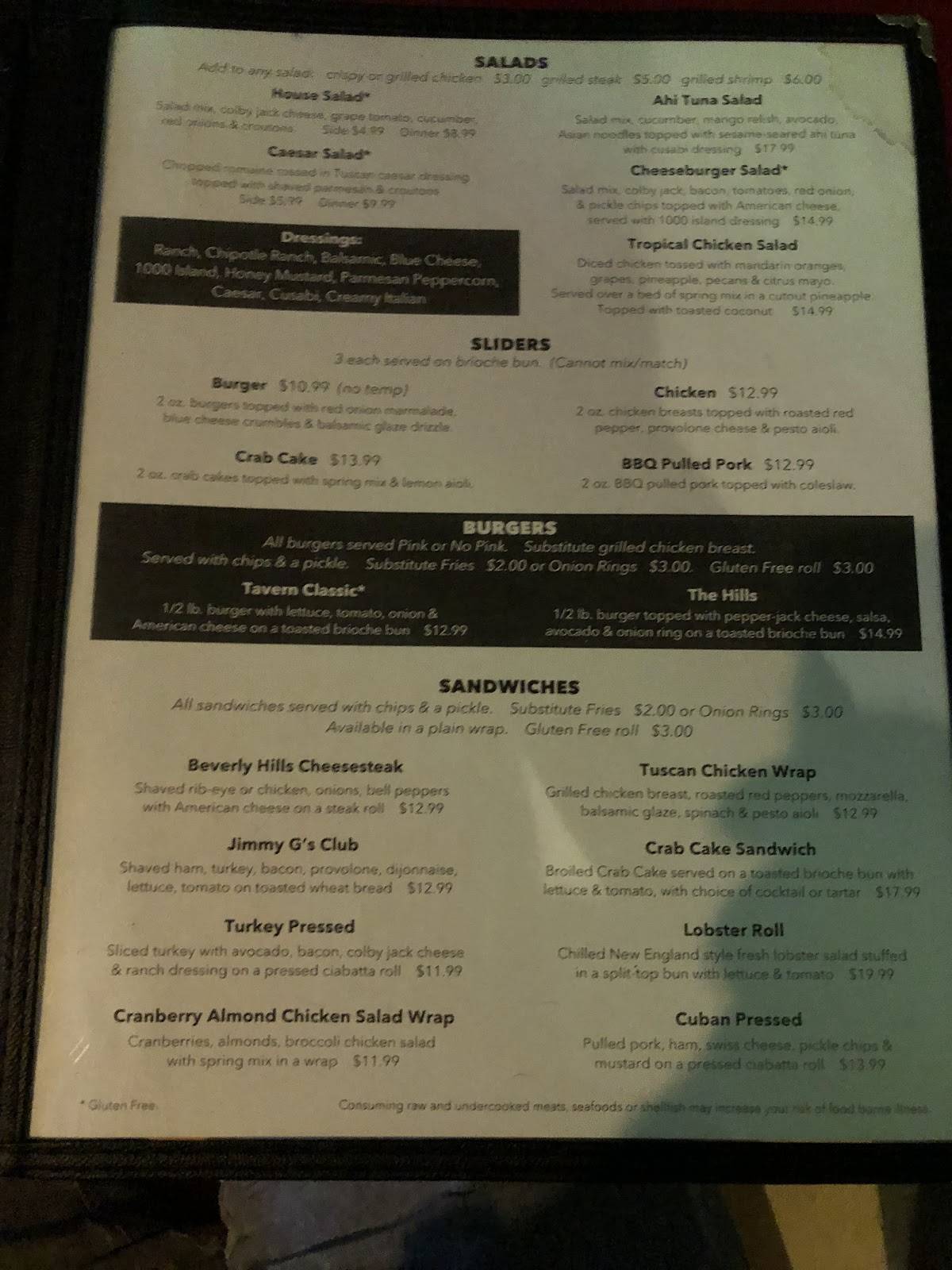 Menu at Jimmy G's Beverly Hills Tavern pub & bar, Sinking Spring