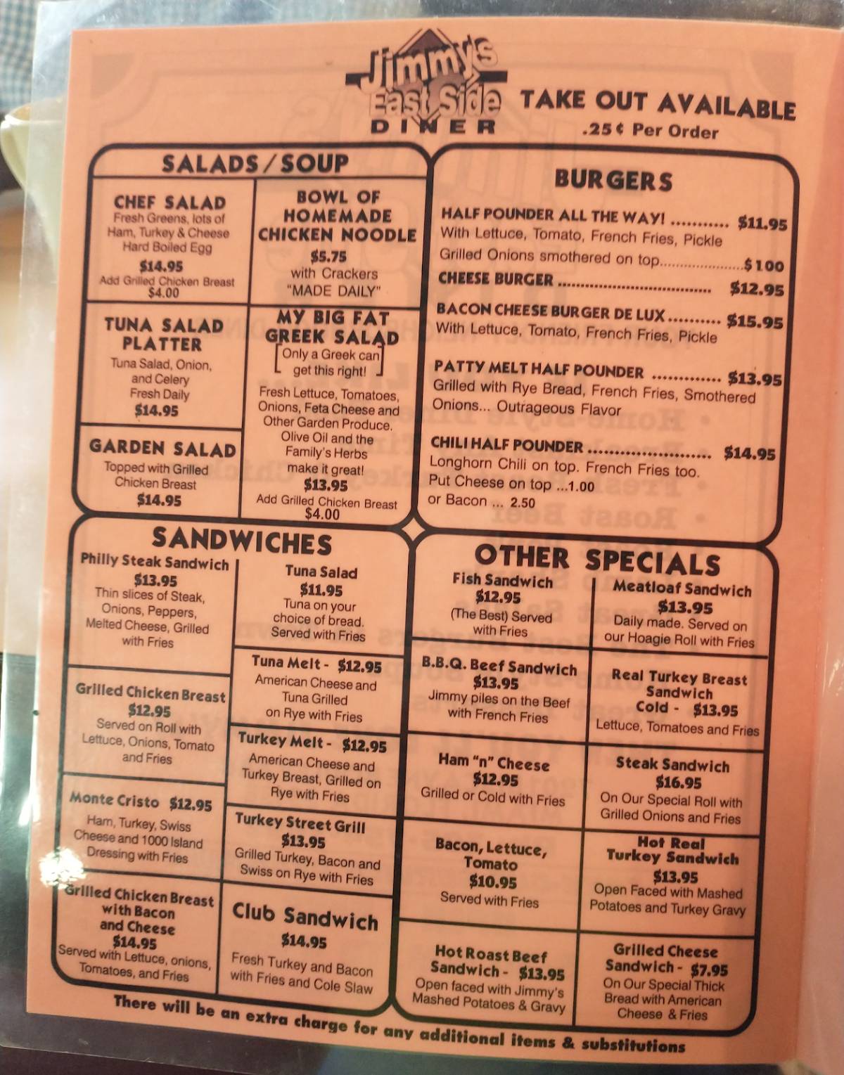Menu at Jimmy's Eastside Diner restaurant, Miami