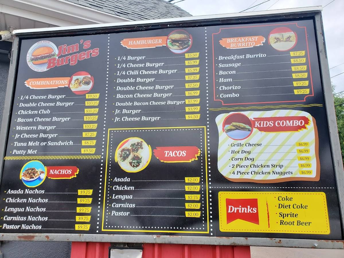 Menu at Jim's Burgers restaurant, Sioux City, Floyd Blvd