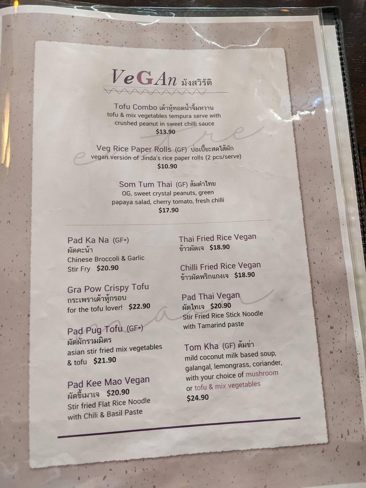 Menu at Jinda Thai Restaurant, Abbotsford