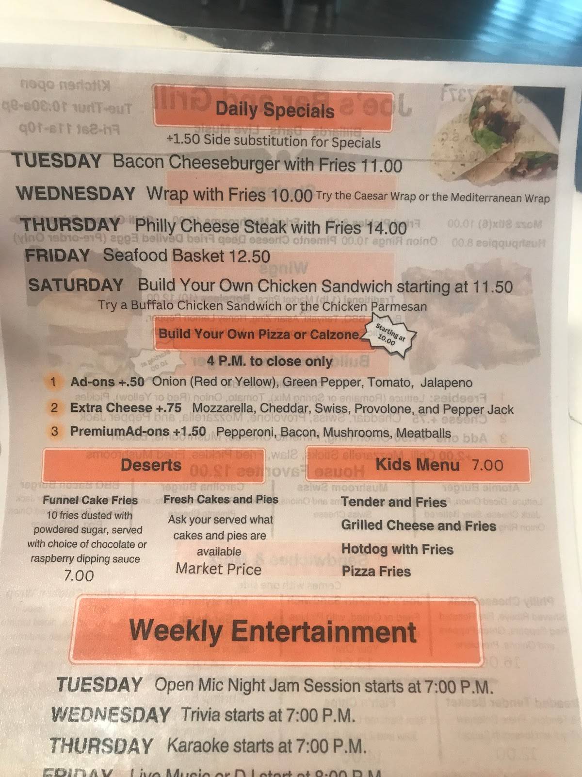 Menu at Joe's Bar and Grill, New Ellenton