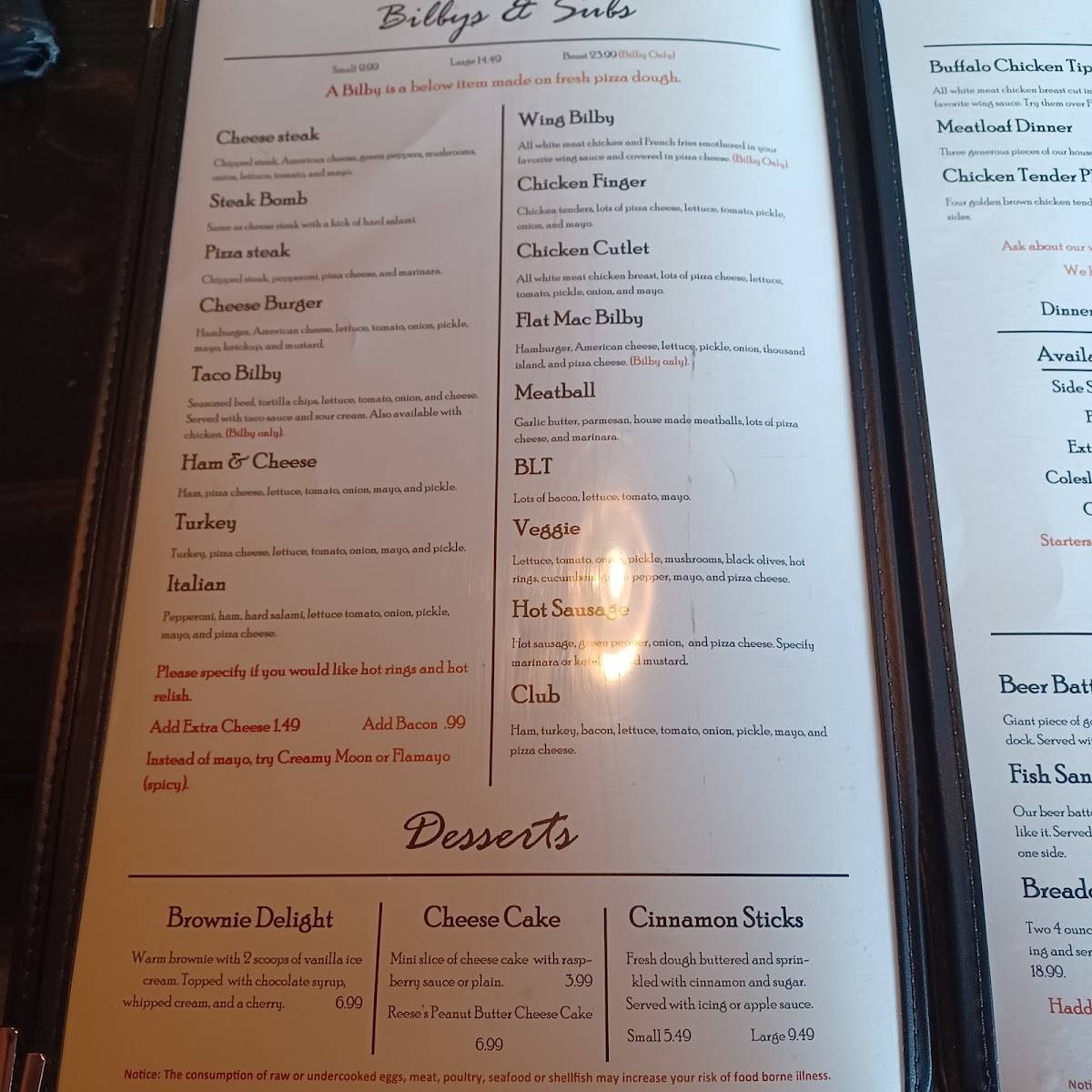 Menu at Joey's restaurant, Houtzdale