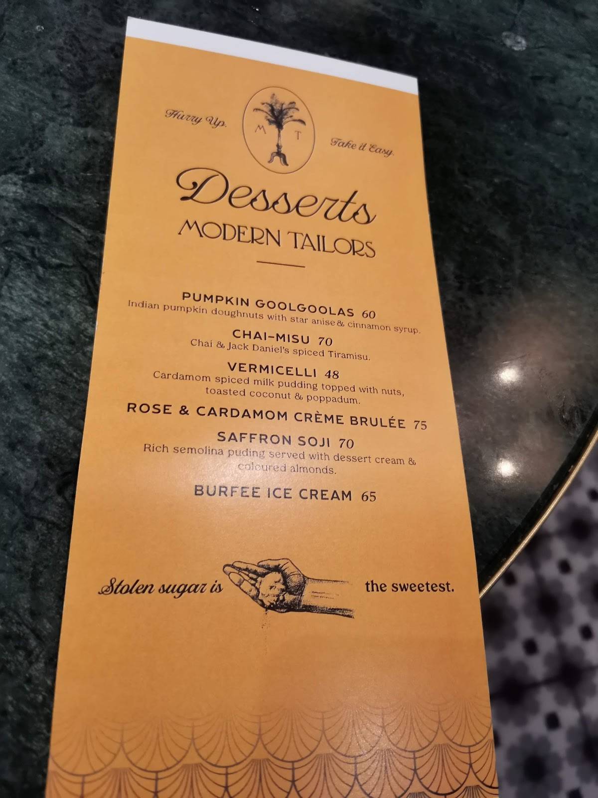Menu at Modern Tailors restaurant, Johannesburg