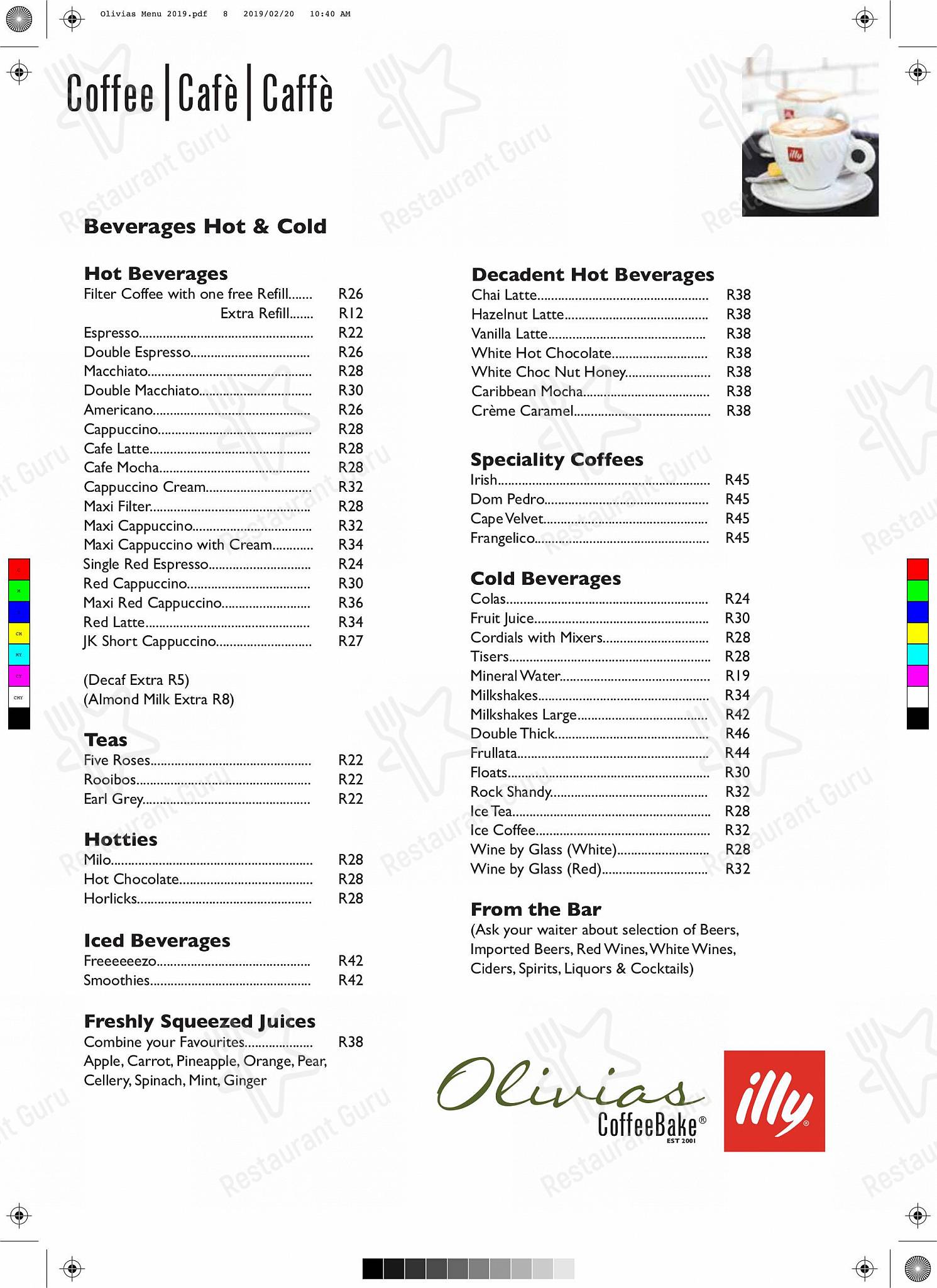 Menu at Olivias Coffeebake restaurant, Randburg