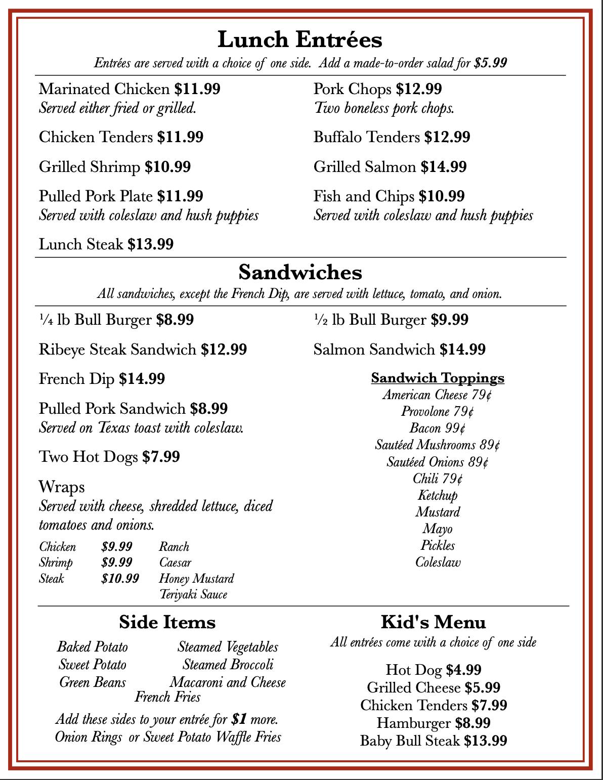 Menu at Johnny Bull's Steakhouse, Louisburg