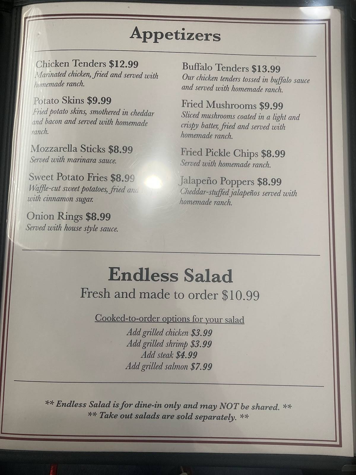 Menu at Johnny Bull's Steakhouse, Louisburg