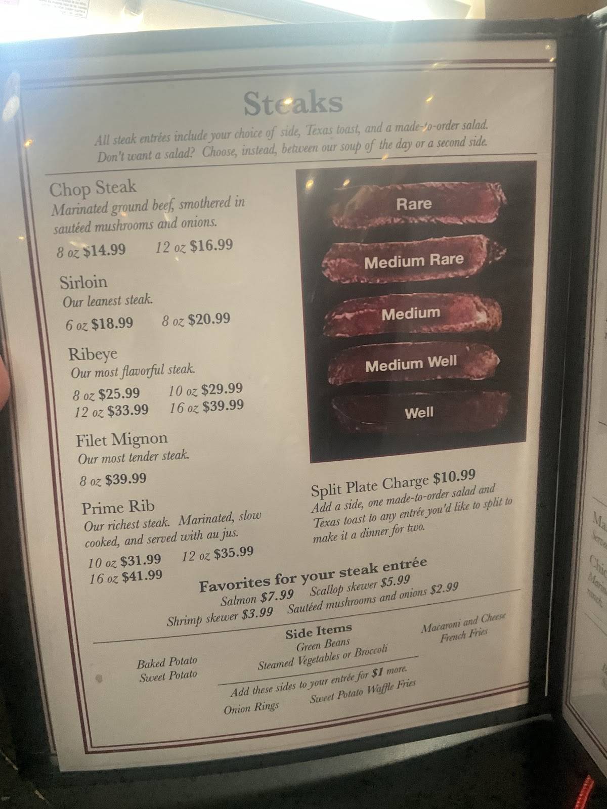 Menu at Johnny Bull's Steakhouse, Louisburg