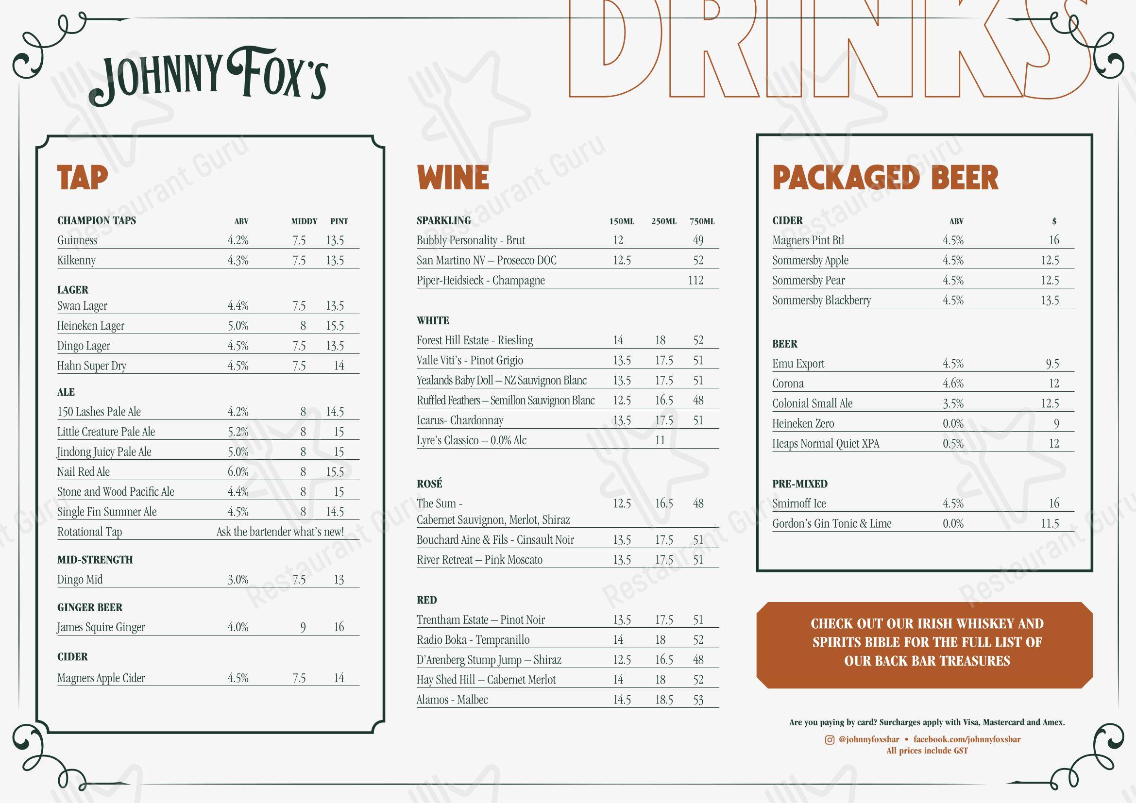 Menu at Johnny Fox’s pub & bar, Northbridge