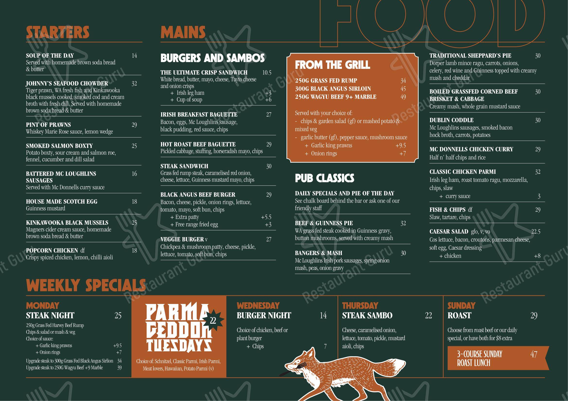 Menu at Johnny Fox’s pub & bar, Northbridge