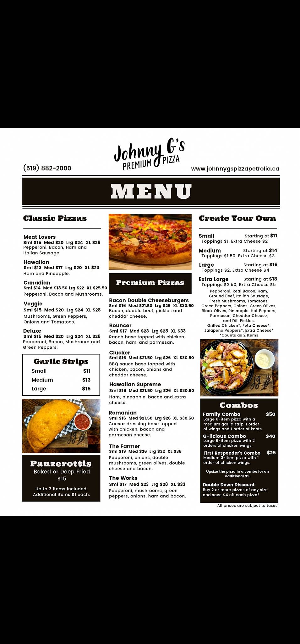 Menu at Johnny G's Premium Pizza restaurant, Petrolia