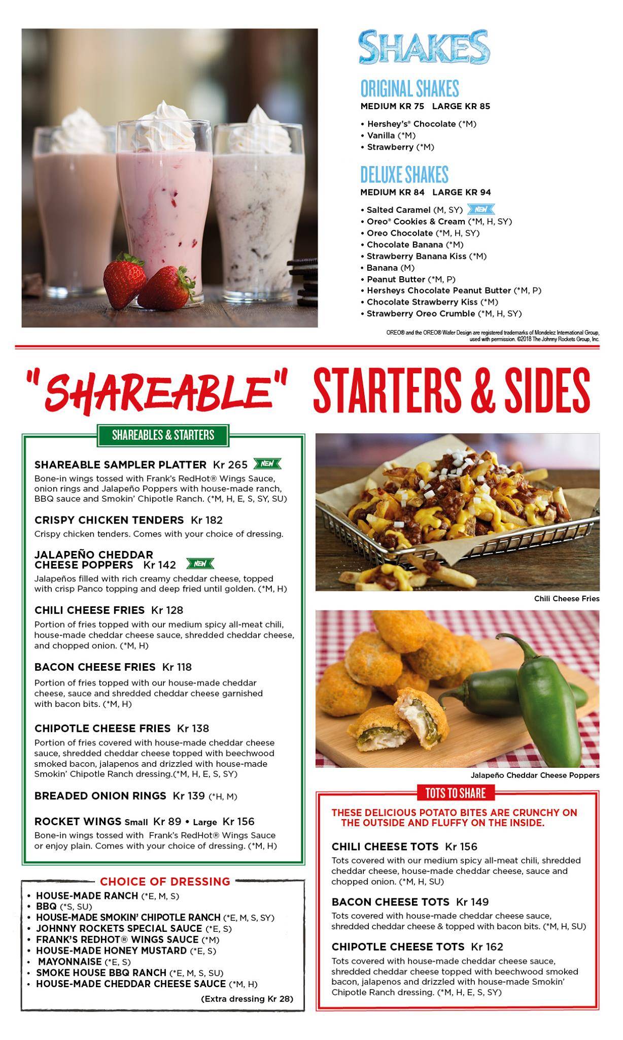 Menu at Johnny Rockets restaurant, Oslo, Storgata 31