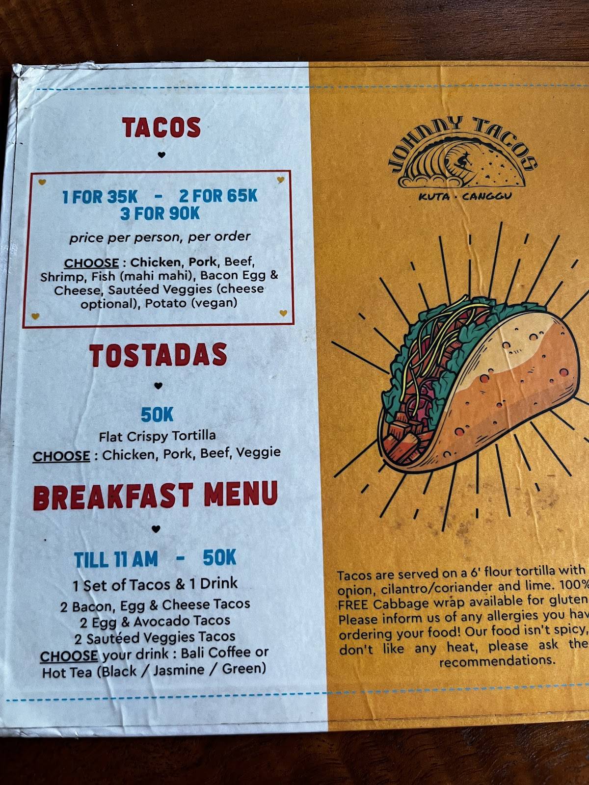 Menu at Johnny Tacos - Kuta restaurant, Jimbaran