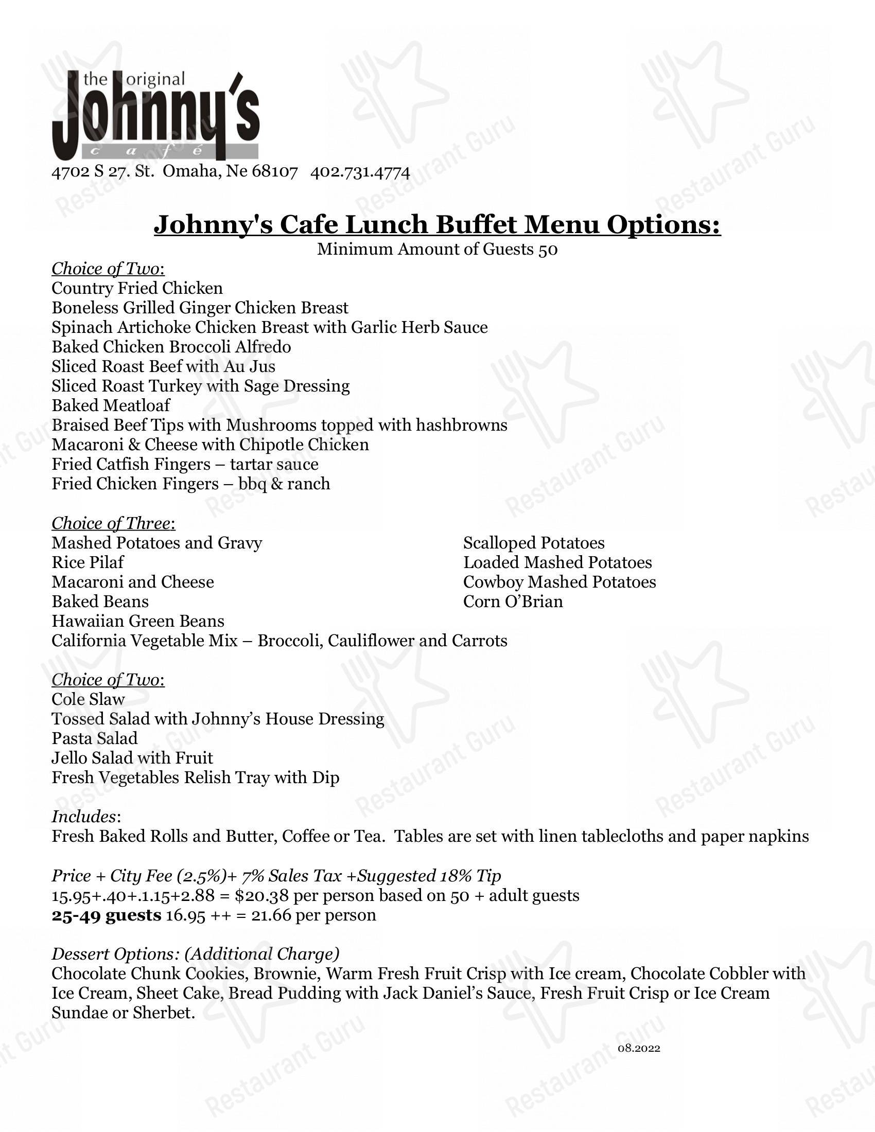 Menu at Johnny's Cafe, Omaha