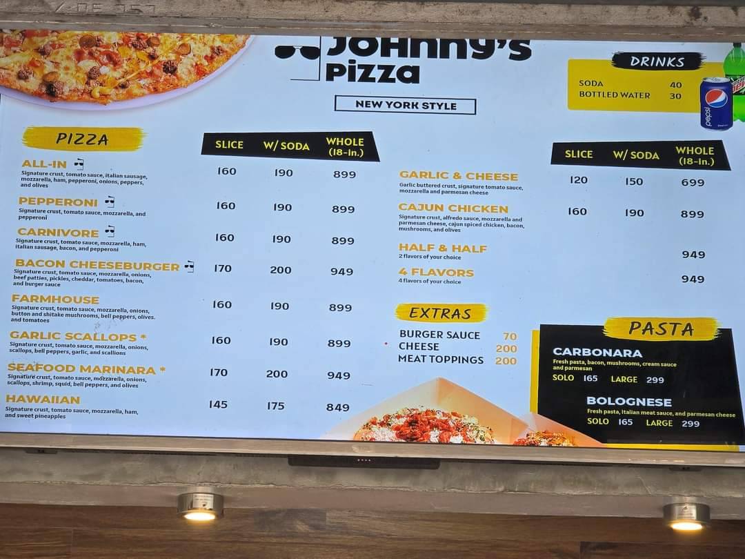 Menu at Johnny's Pizza restaurant, Bacolod, G/F North Wing