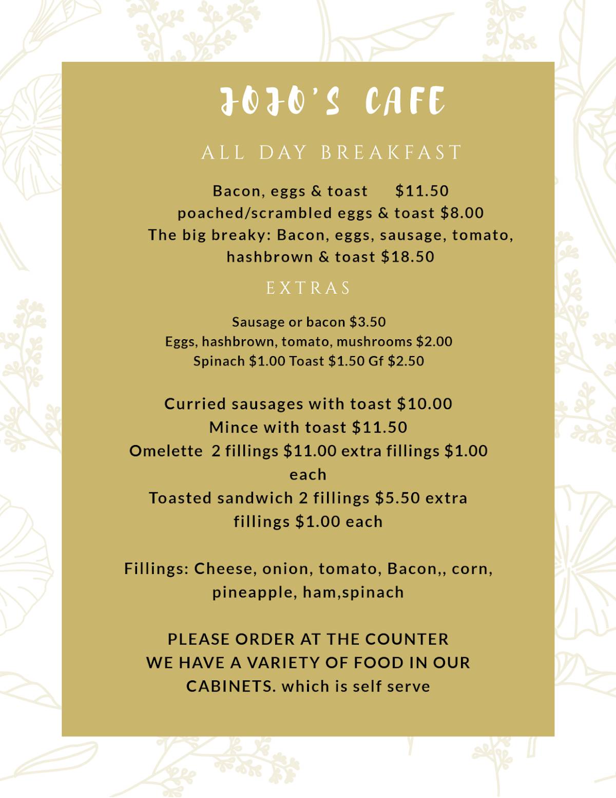 Menu at Jojo's Cafe, Paraparaumu