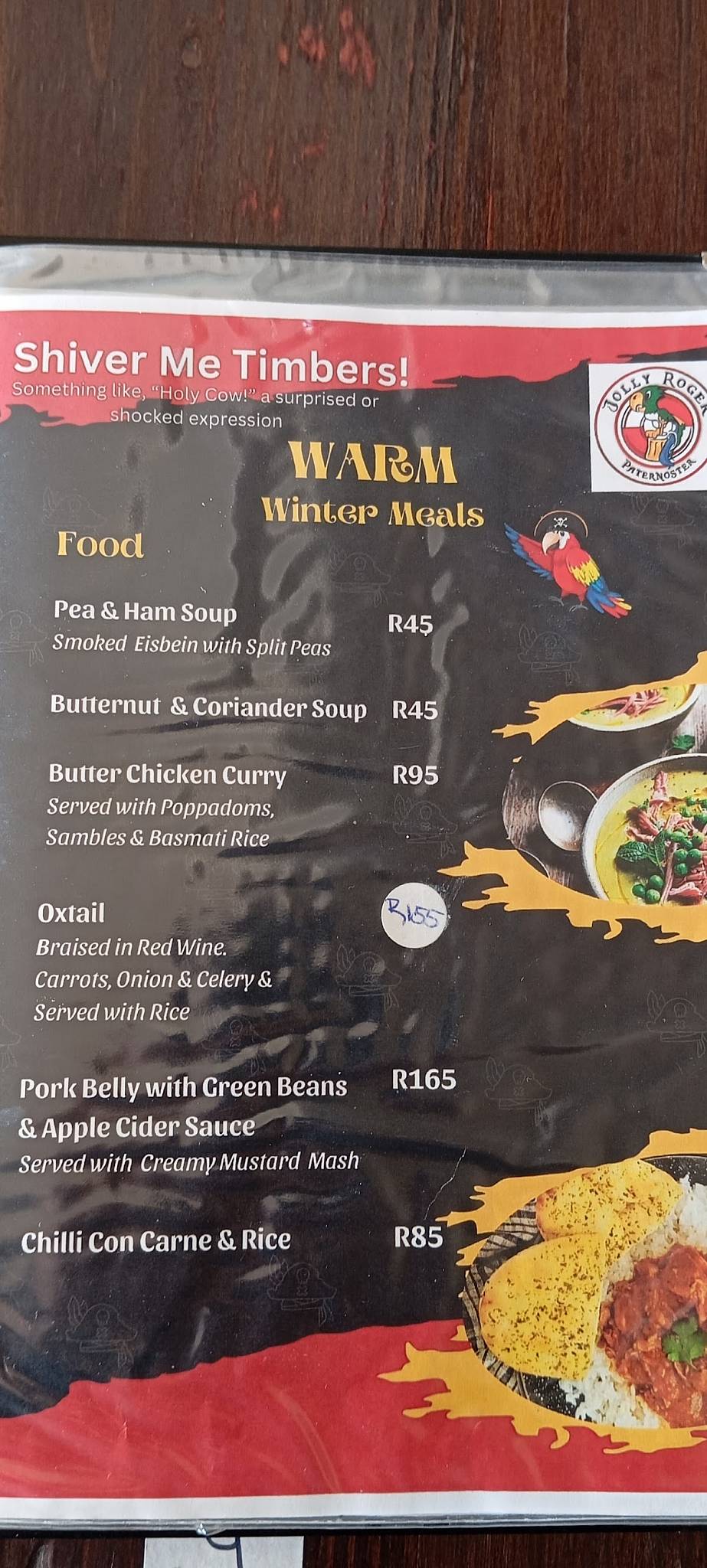 Menu at Jolly Roger Paternoster restaurant, Paternoster