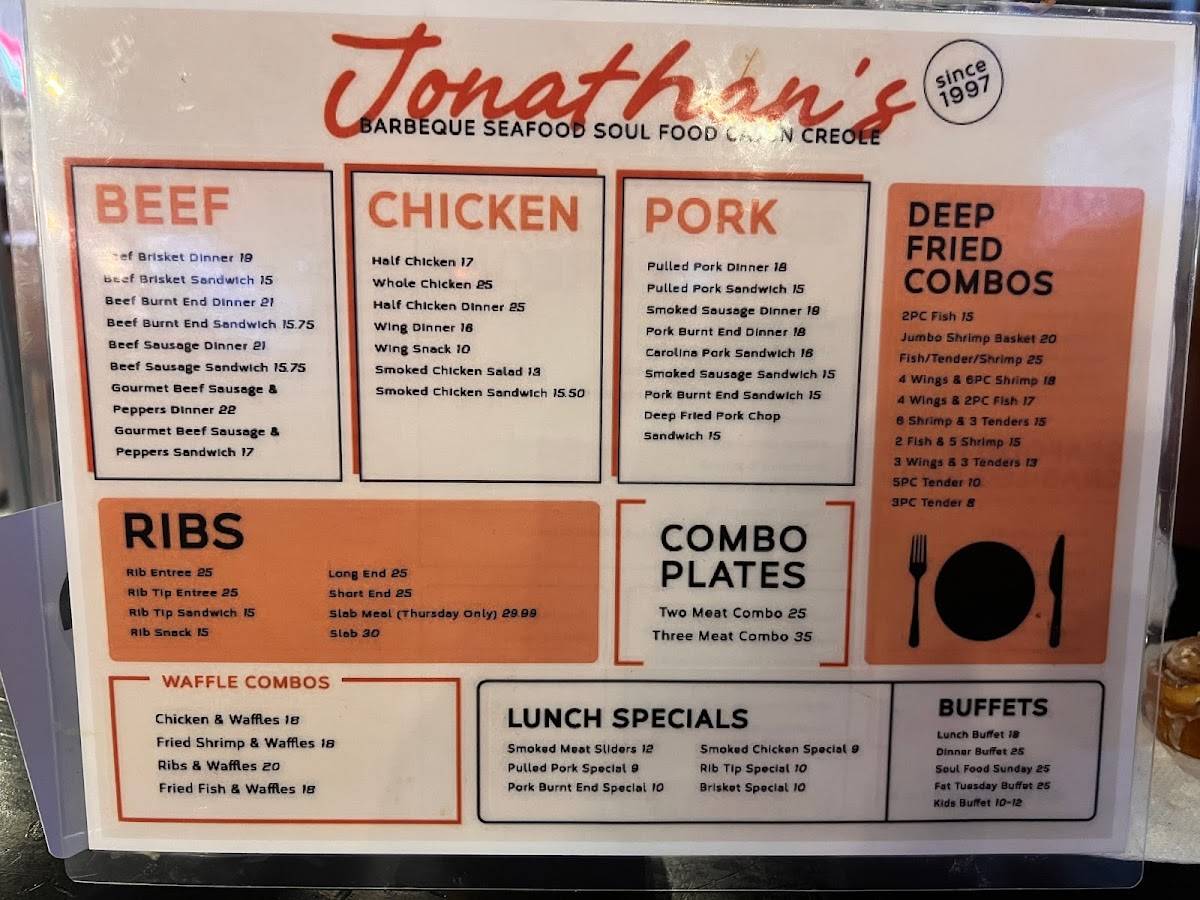 Menu at Jonathan's BBQ Seafood Soul food Cajun Creole, Overland Park, W ...
