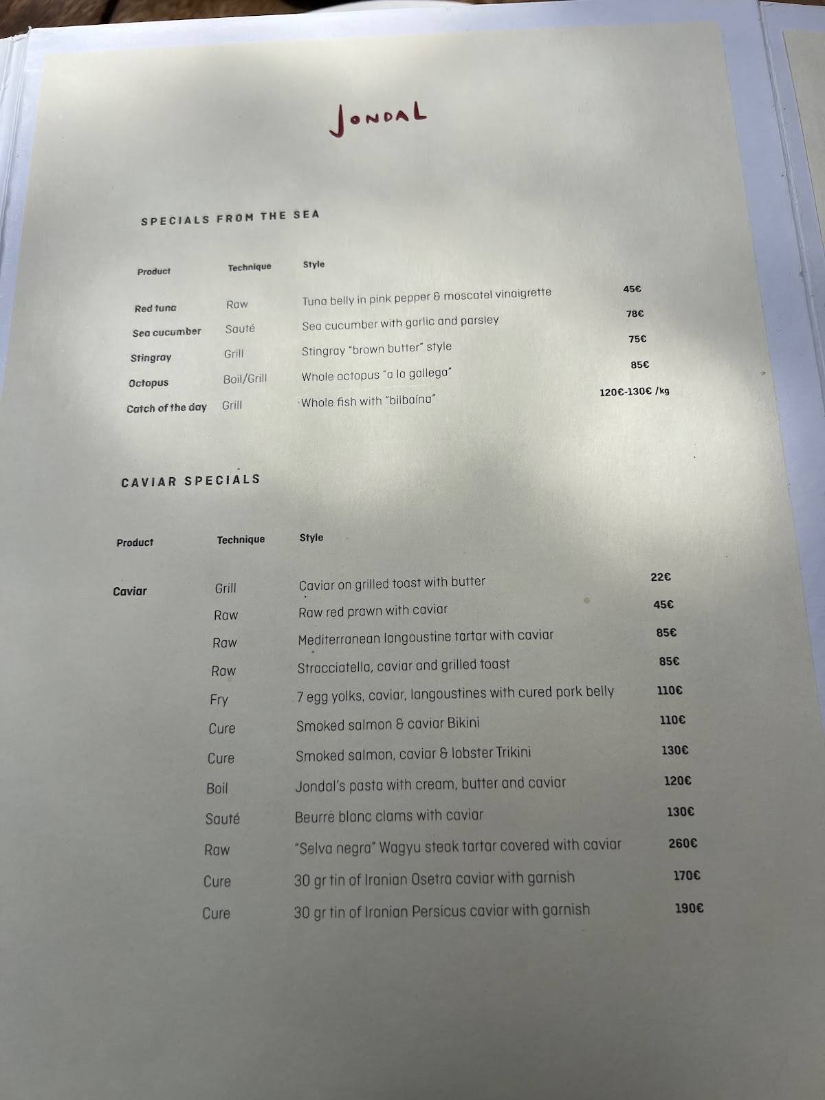 Menu at Jondal restaurant, Formentera