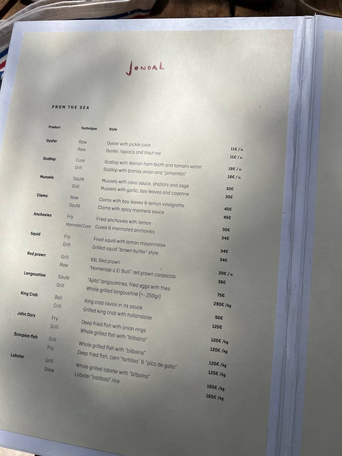Menu at Jondal restaurant, Formentera