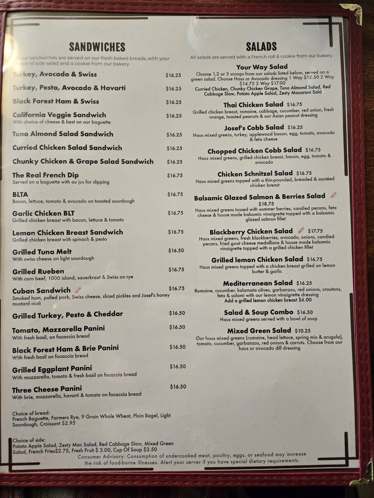 Menu at Josef's Vienna Bakery & Cafe, Reno