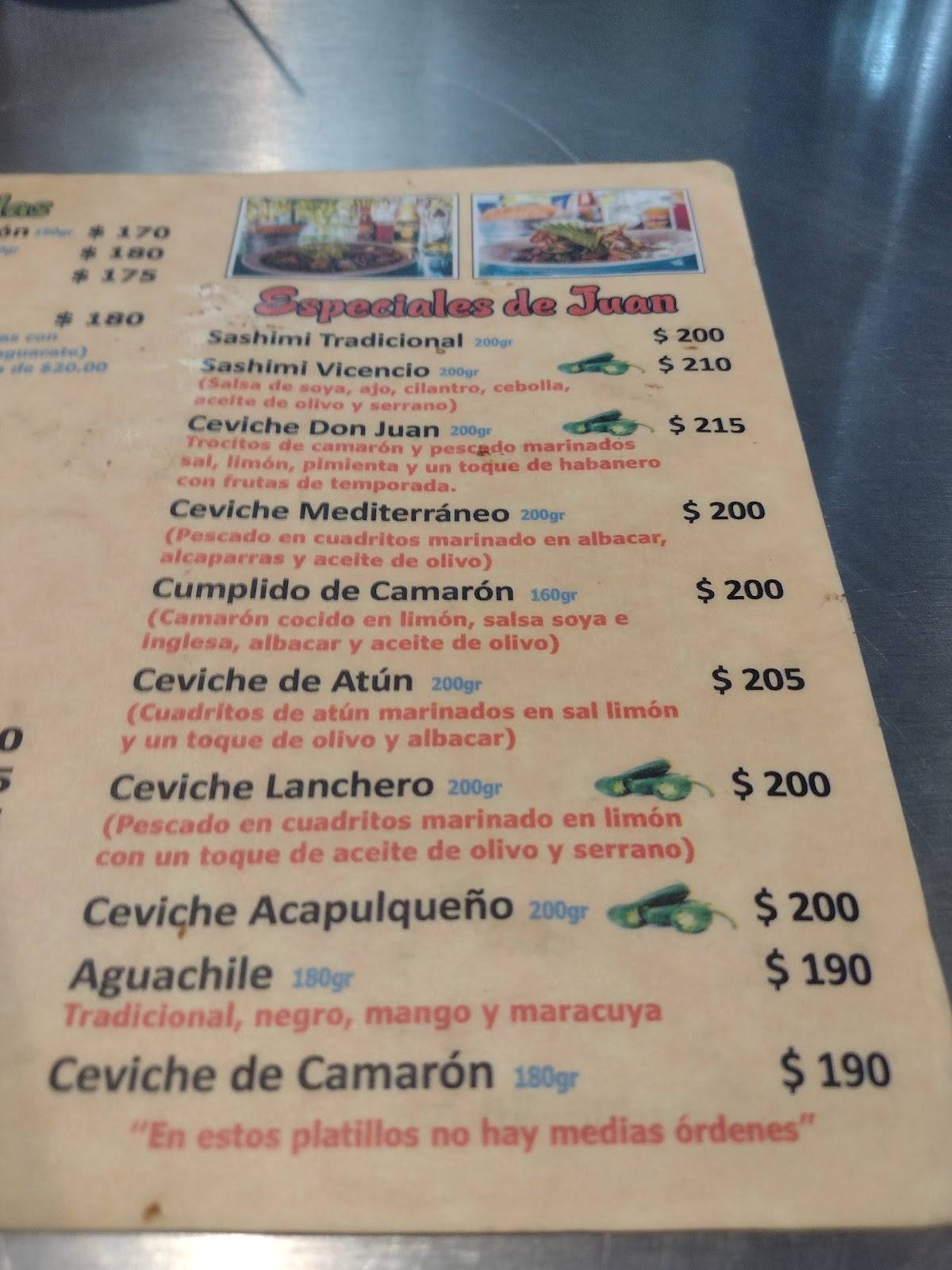Menu at Juan Tiburón restaurant, Puerto Vallarta, Viena 131