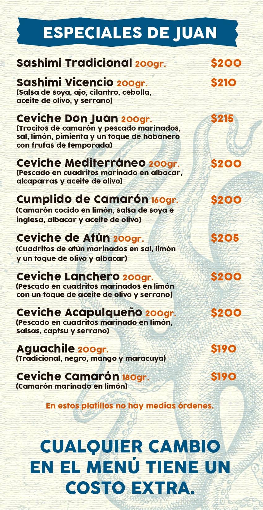 Menu at Juan Tiburón restaurant, Puerto Vallarta, Viena 131