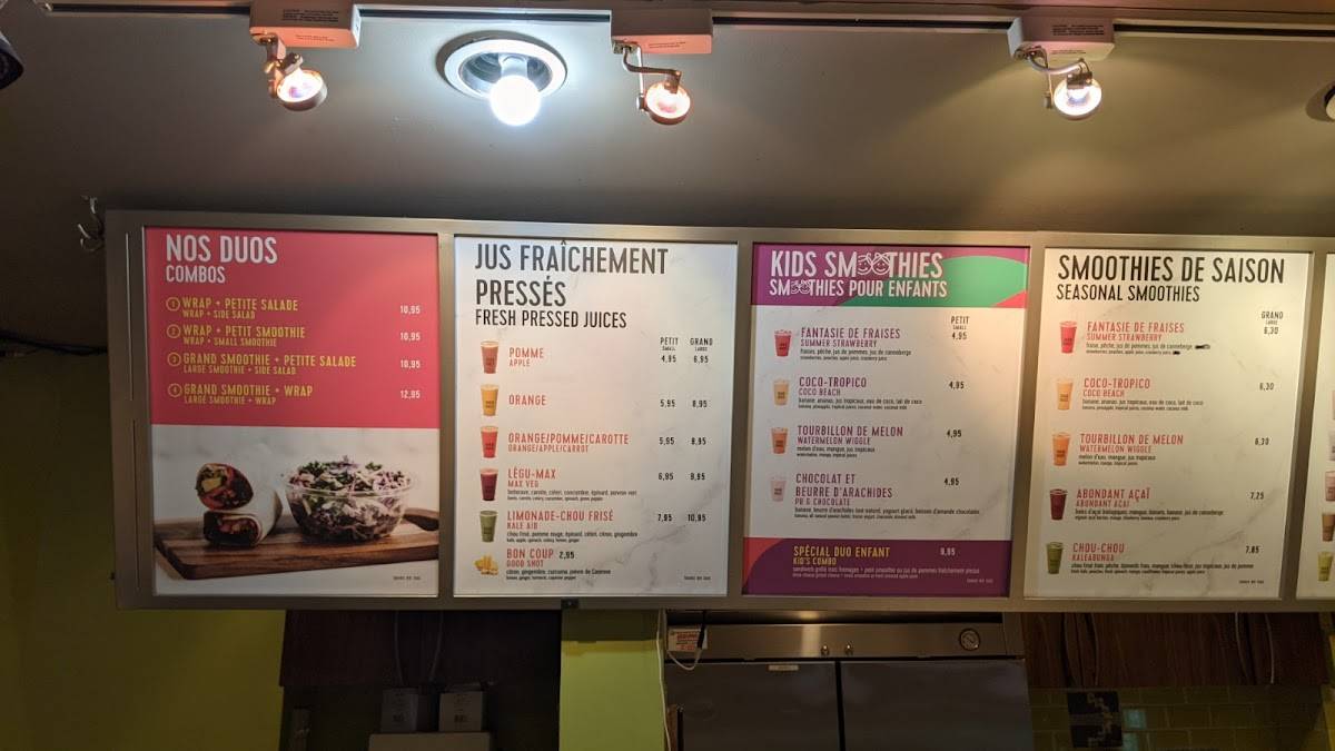 Menu at Jugo Juice restaurant, Montréal, 700 Rue De la Gauchetière O