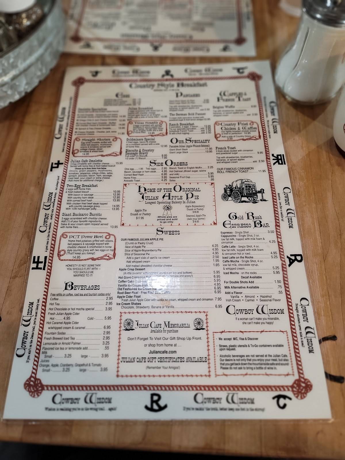 Menu at Julian Cafe & Bakery, Julian, Main St