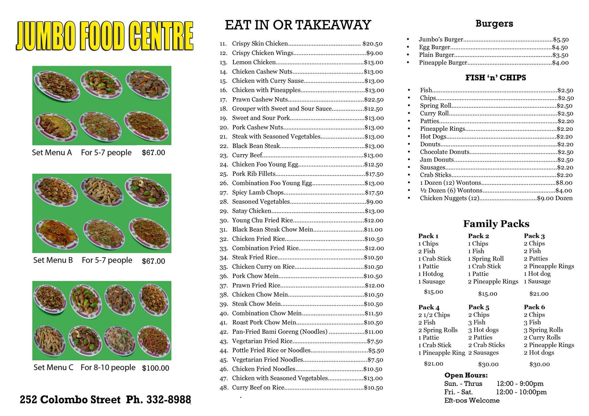 Menu at Jumbo Food Centre restaurant, Christchurch
