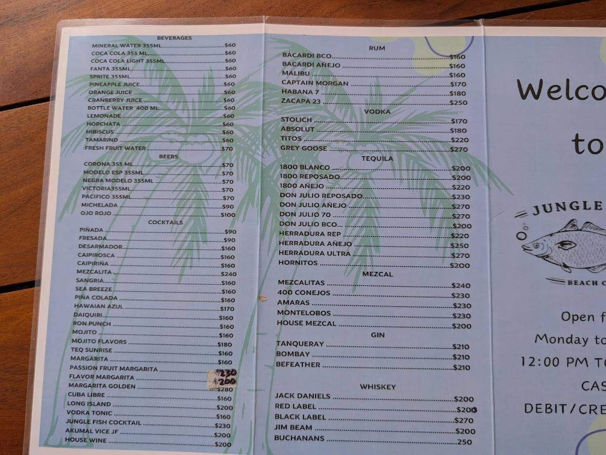 Menu at Jungle Fish Beach Club, Akumal