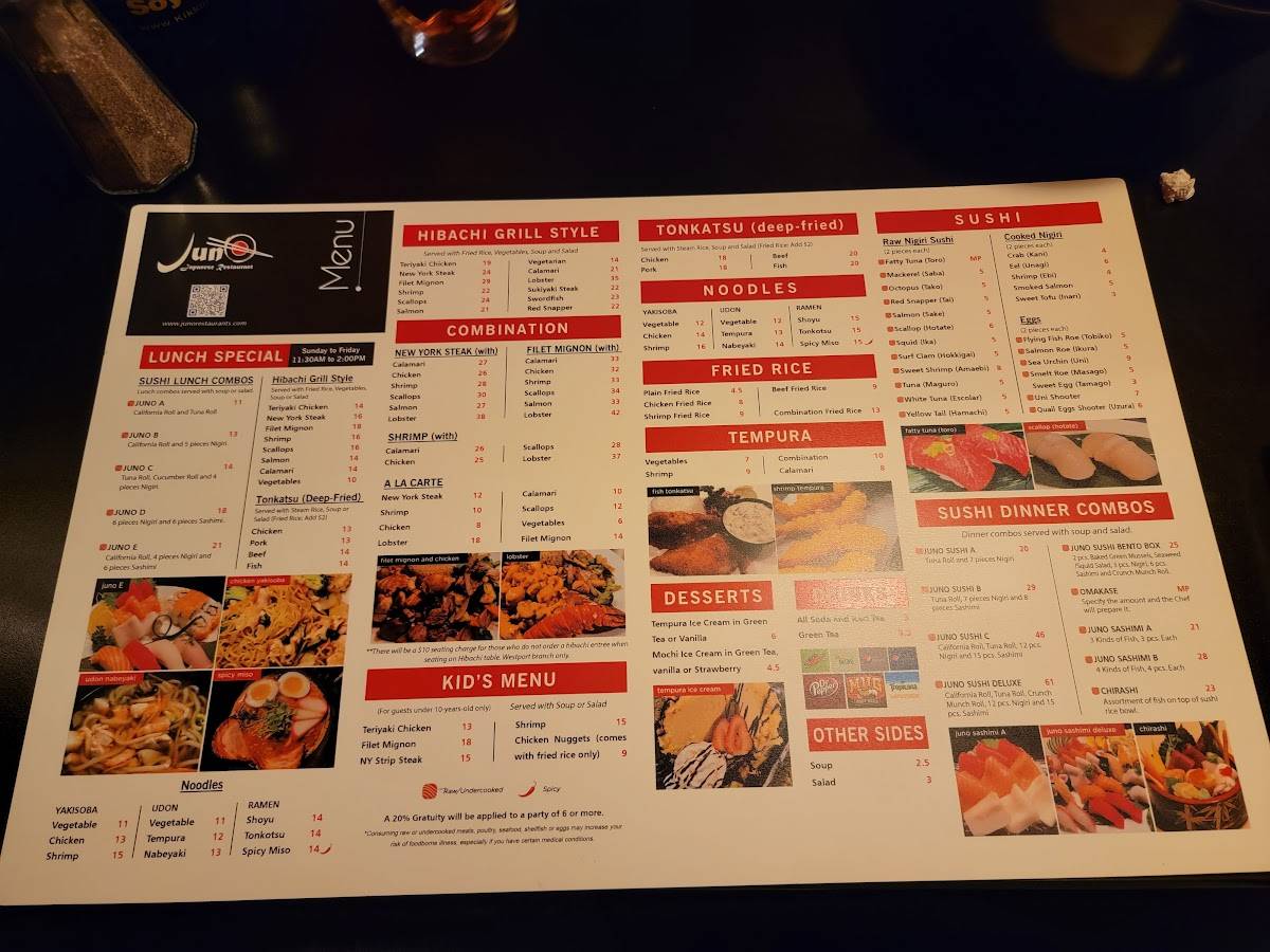 Menu at Juno Japanese Restaurant - Preston, Louisville