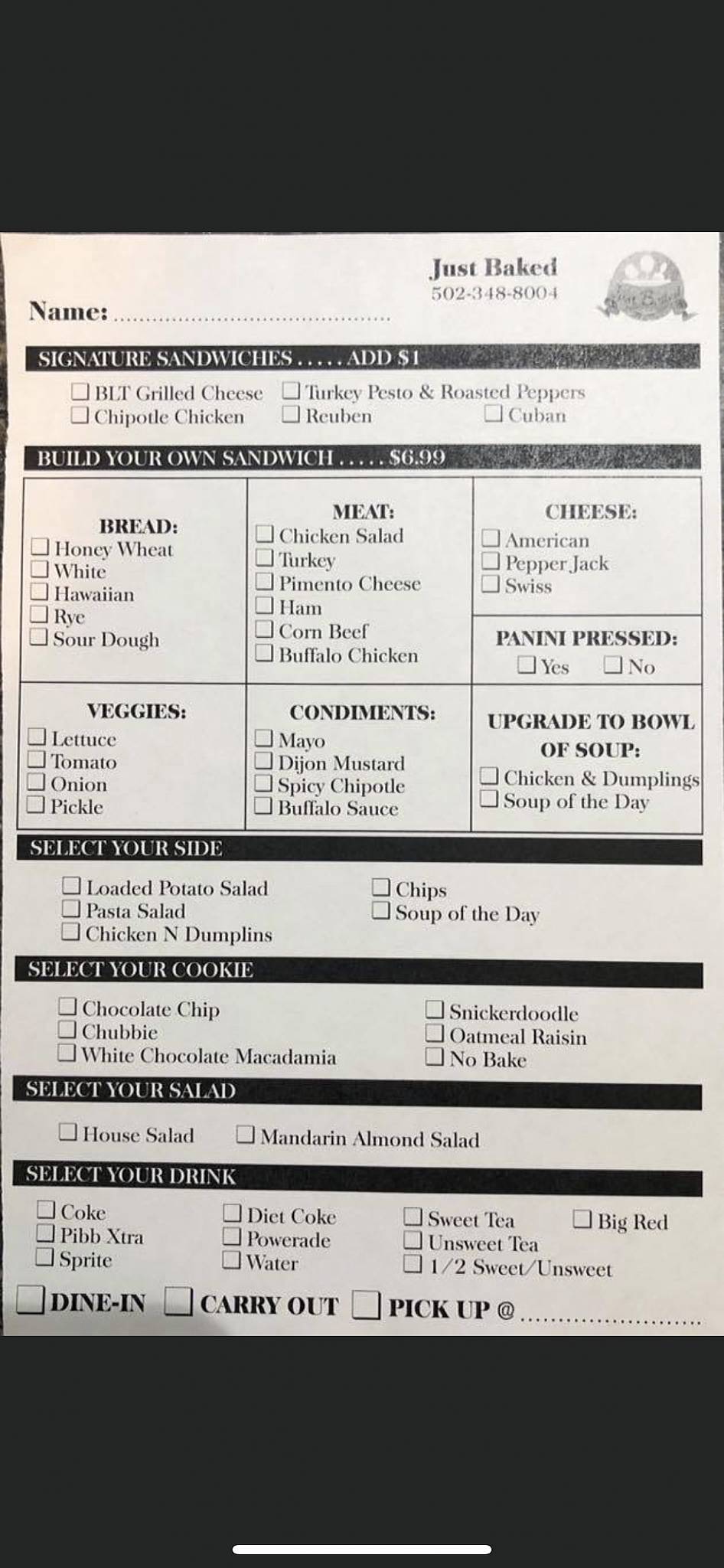 Menu at Just Baked desserts, Bardstown