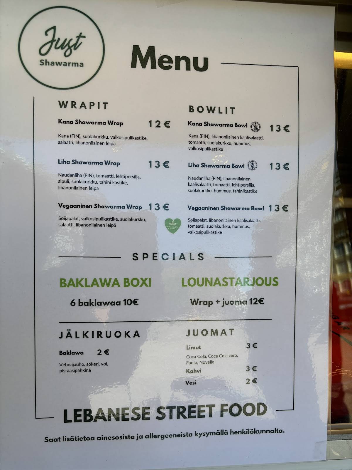 Menu at Just Shawarma Food Truck restaurant, Helsinki