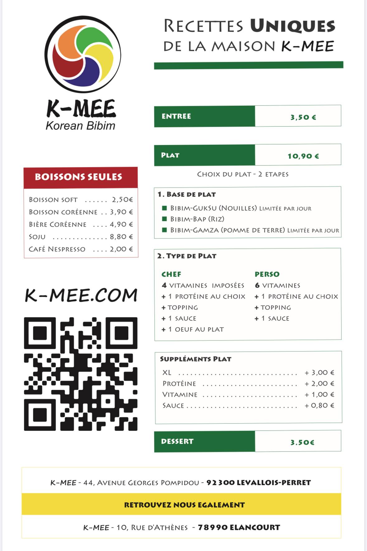 Menu at K-MEE (bibim) restaurant, Levallois-Perret