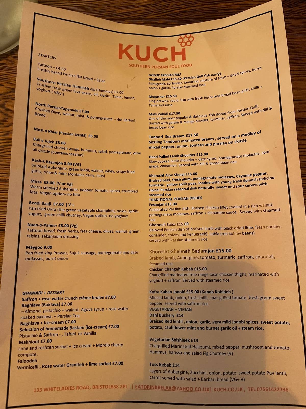 Menu at K U C H restaurant, Bristol