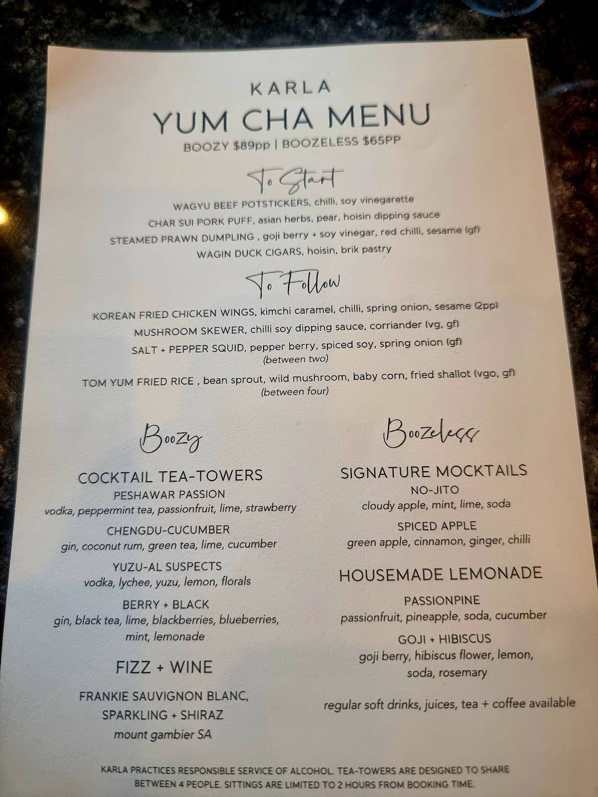Menu at KARLA restaurant, Perth