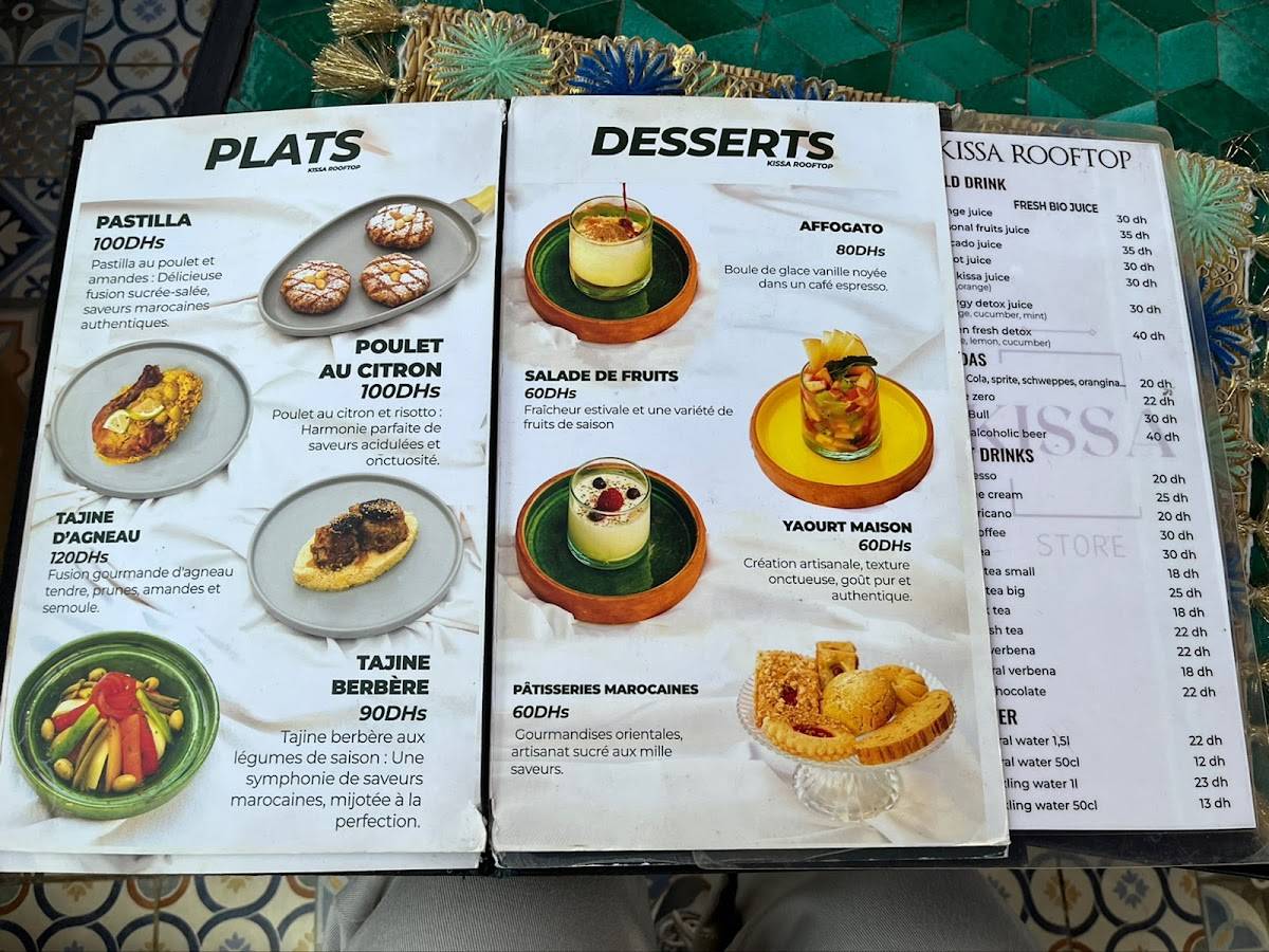 Menu au KISSA Rooftop restaurant, Marrakech, Rue Amesfah