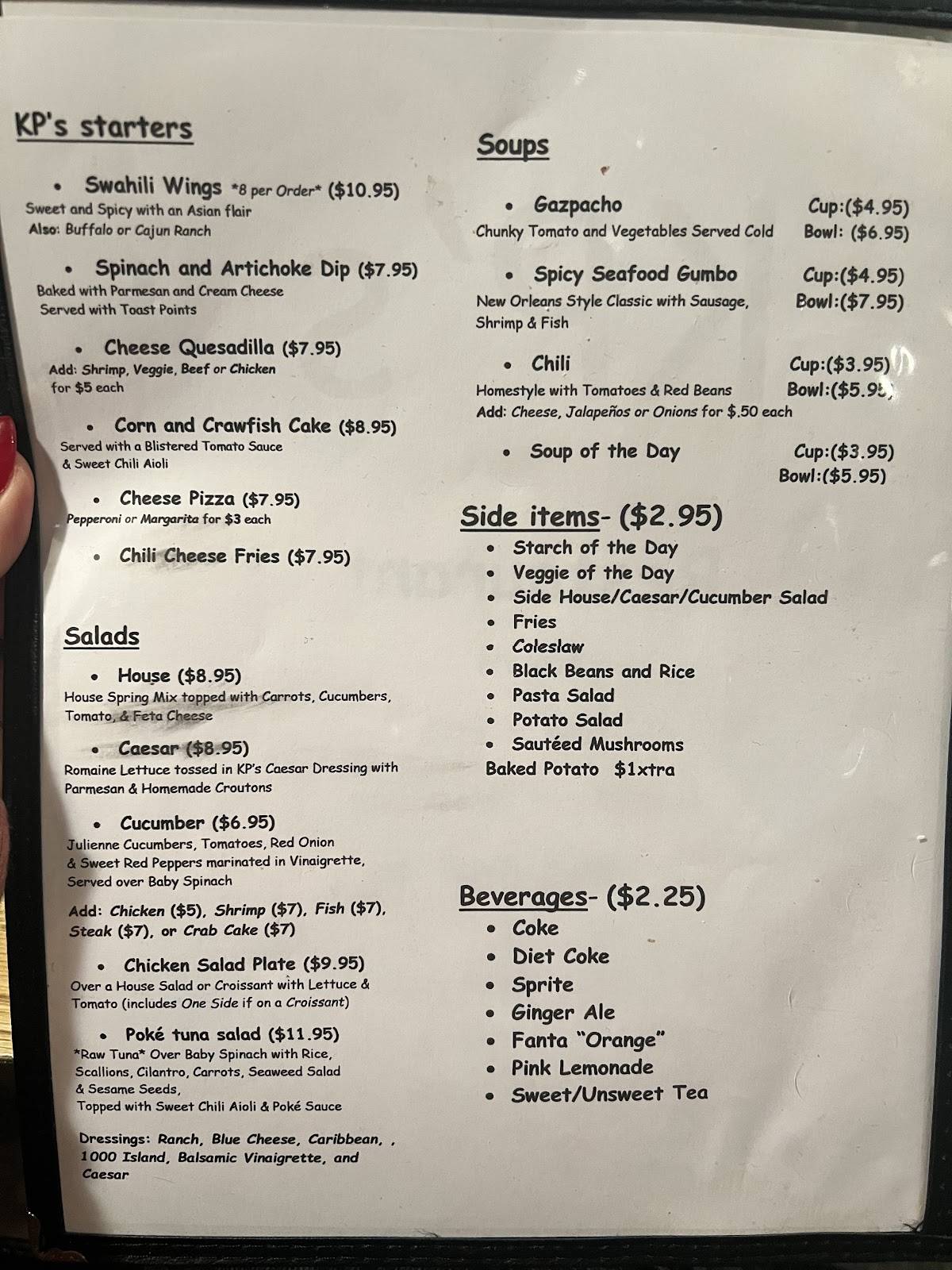 Menu at KP's restaurant, Fernandina Beach