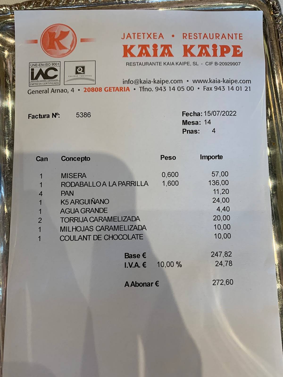 Menu at Kaia Kaipe restaurant, Getaria