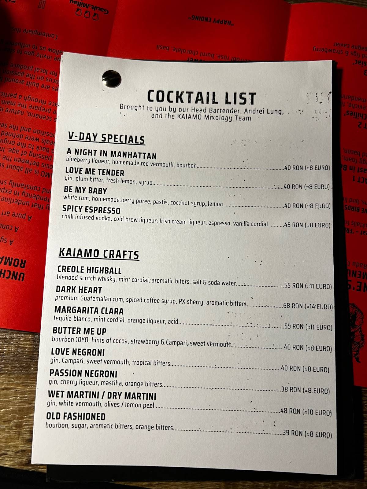 Menu at Kaiamo, Bucharest