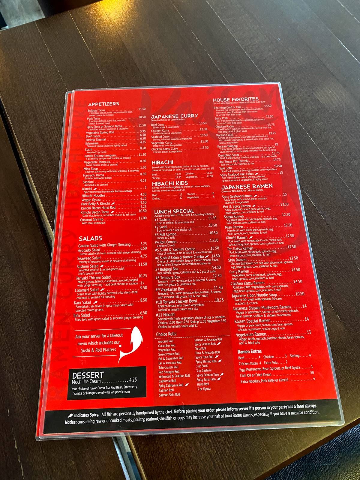 Menu at Kaisen Restaurant, Agawam