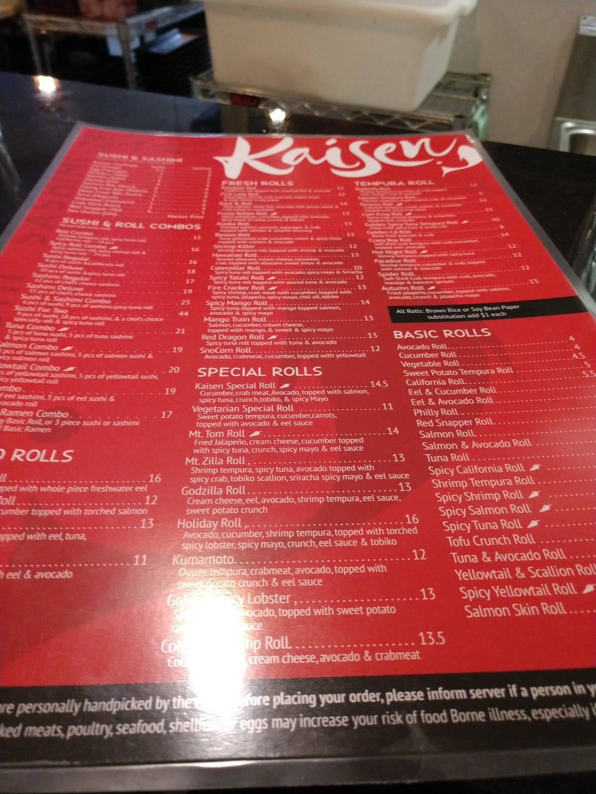 Menu at Kaisen Restaurant, Agawam