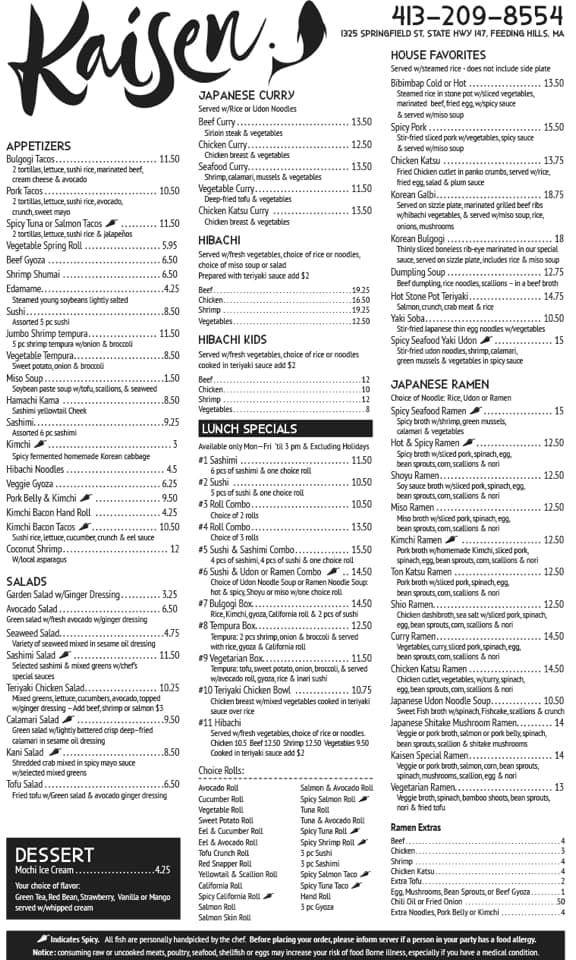 Menu at Kaisen Restaurant, Agawam