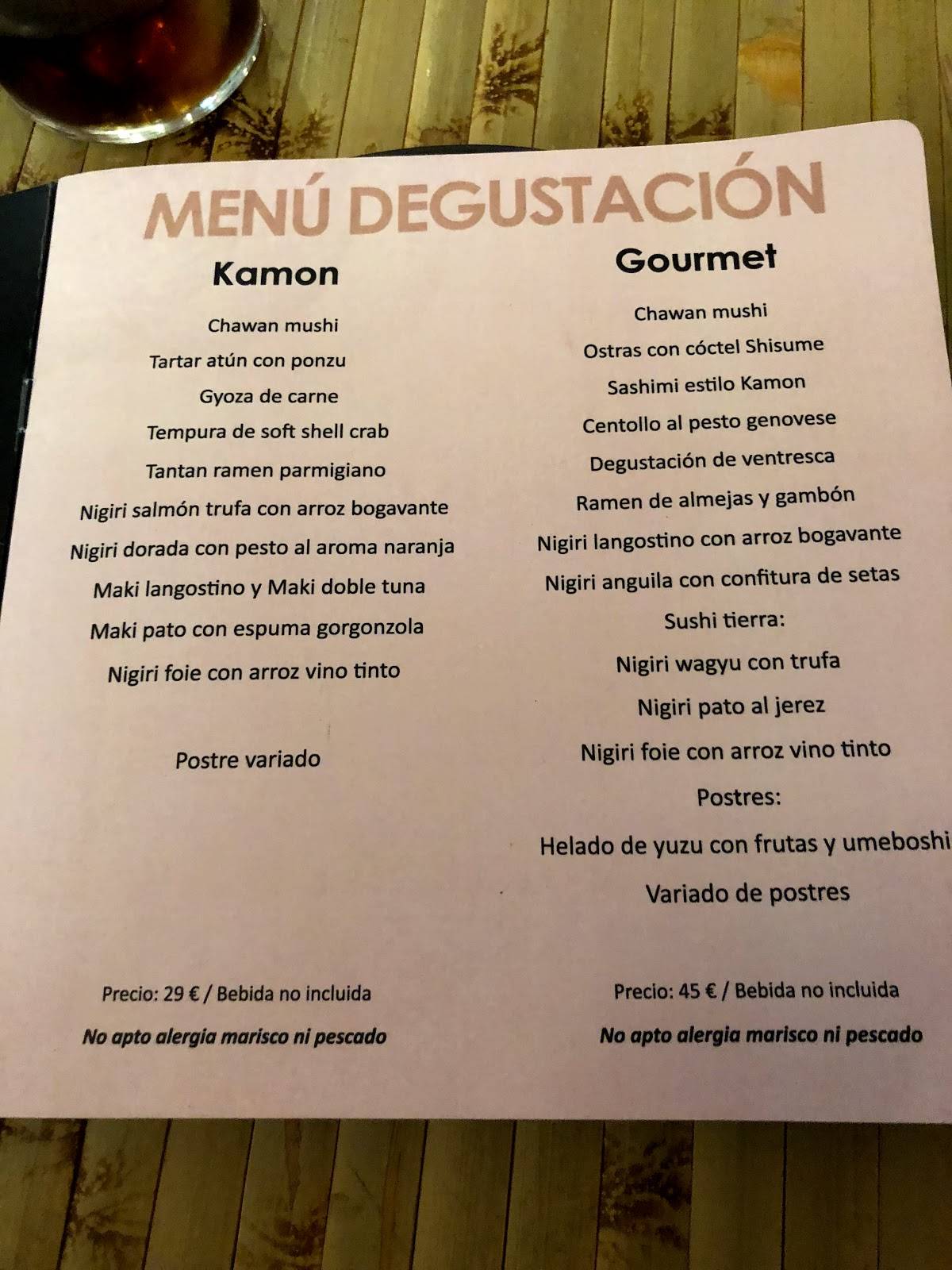 Menu at Kamon restaurant, Valencia, Carrer del Comte d'Altea