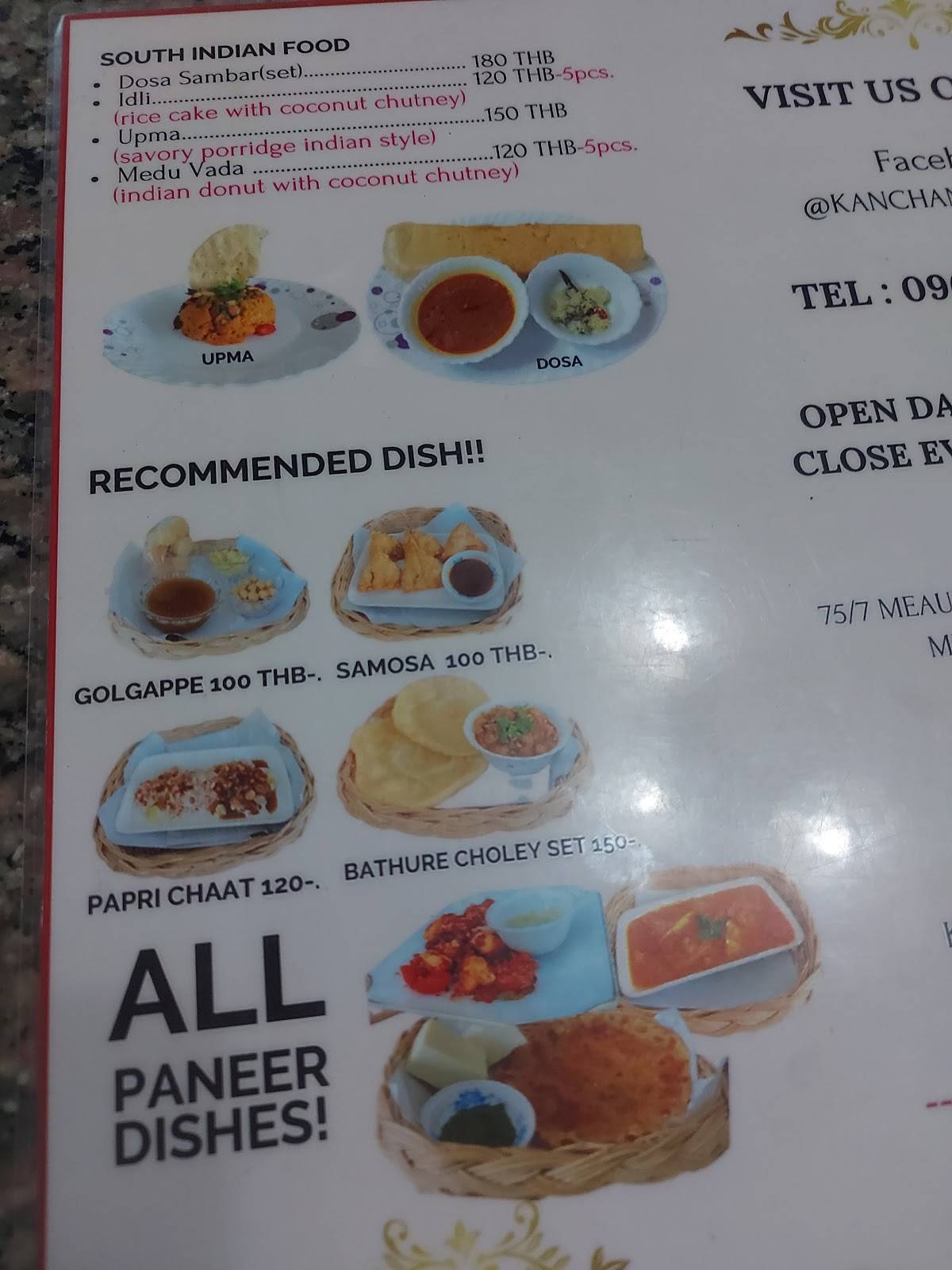 Menu at Kanchan Indian Food (Home Made, Pure Veg) restaurant, Chiang Mai