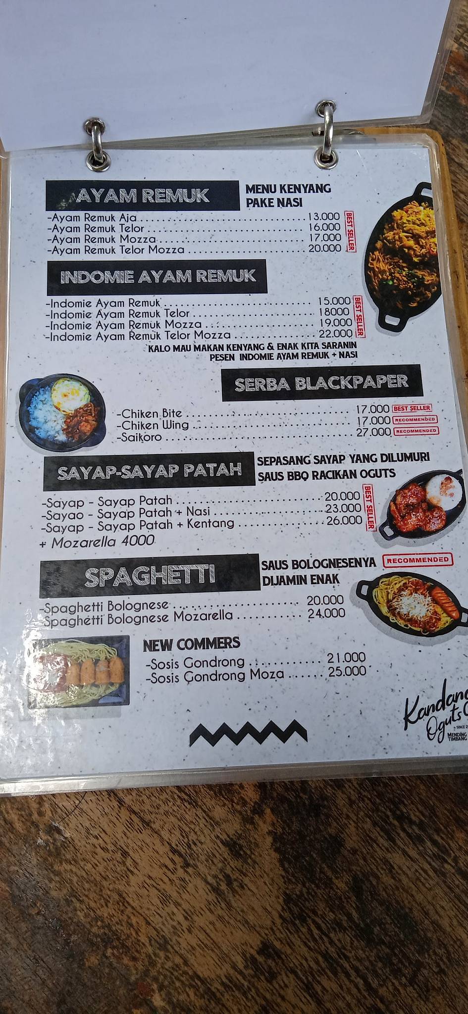 Menu at Kandang ogut's cafeteria, Semanu