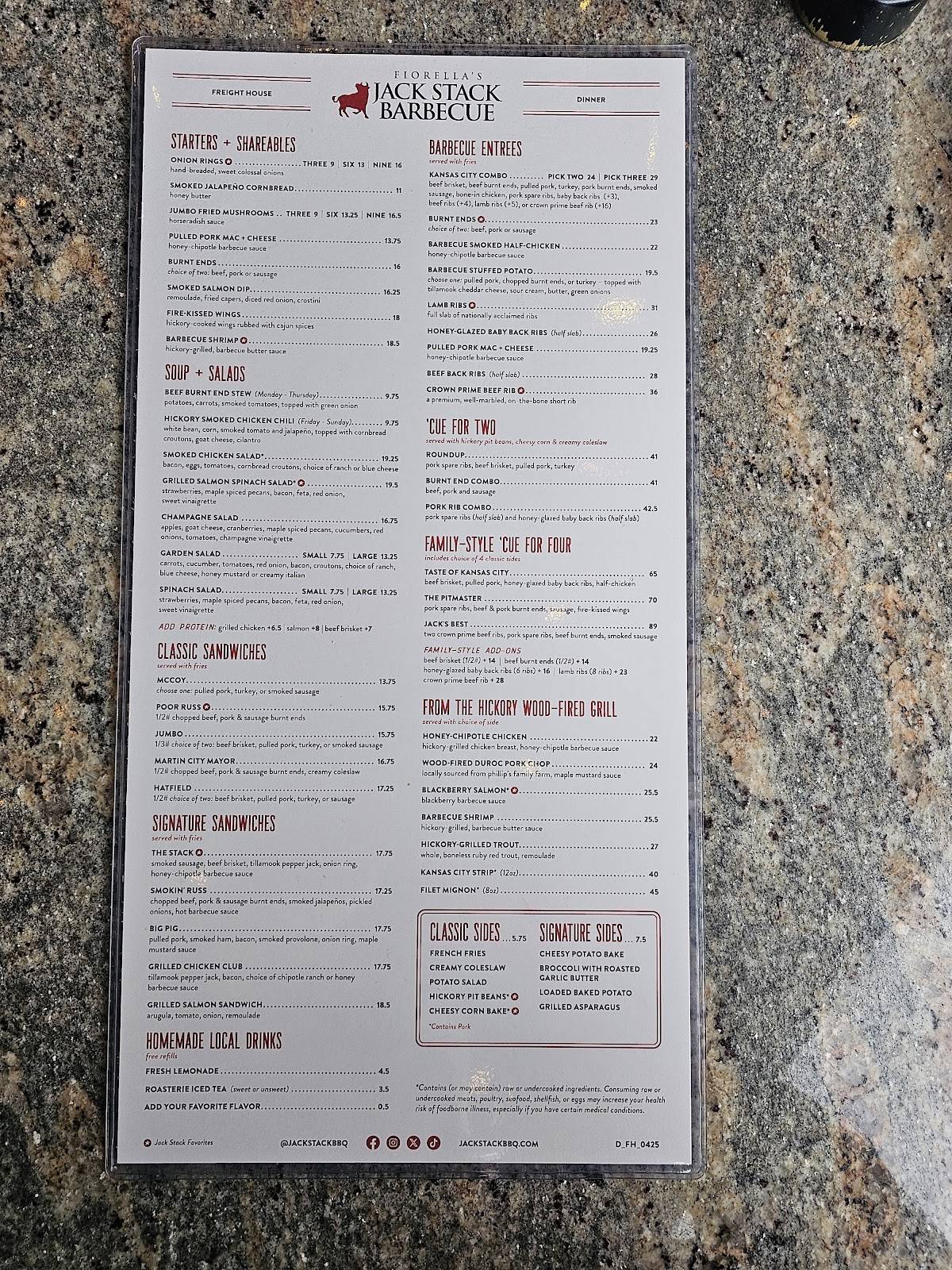 Menu at Jack Stack Barbecue - Freight House, Kansas City, 101 W 22nd St