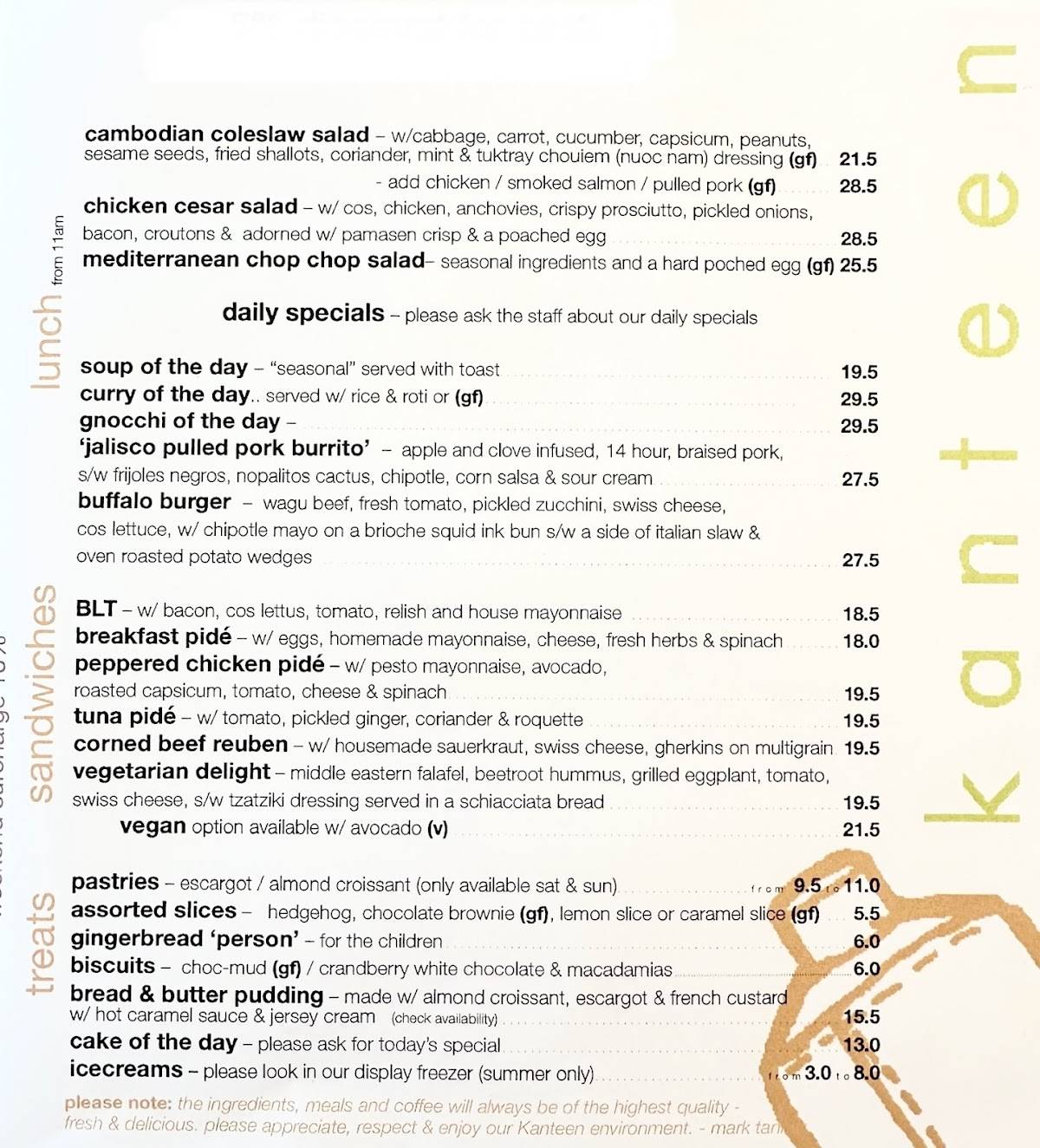Menu at Kanteen restaurant, South Yarra, 154 Alexandra Ave