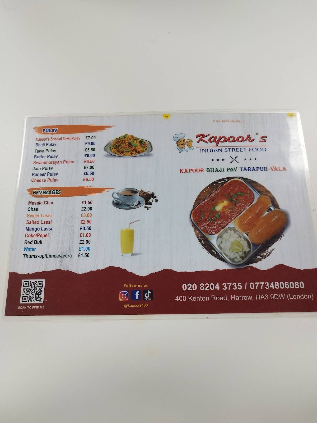 Menu at Kapoor's Indian Street Food restaurant, Harrow