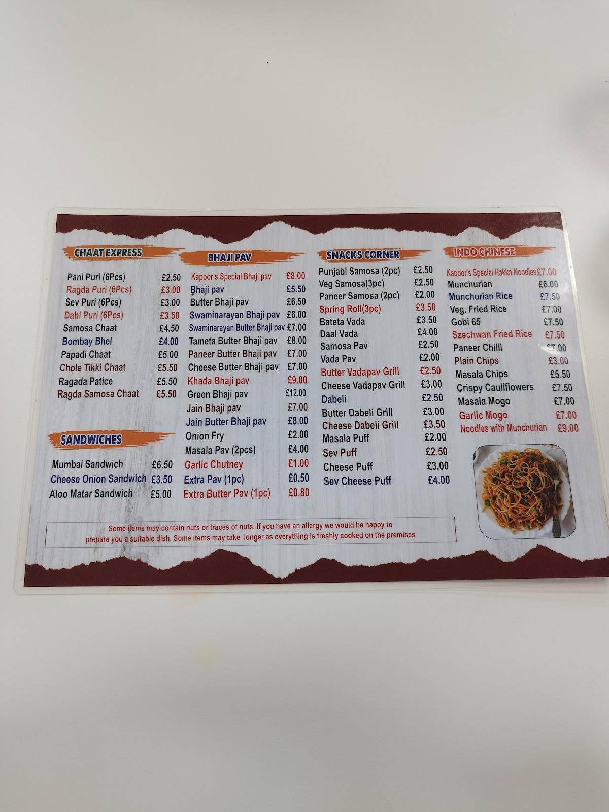Menu at Kapoor's Indian Street Food restaurant, Harrow